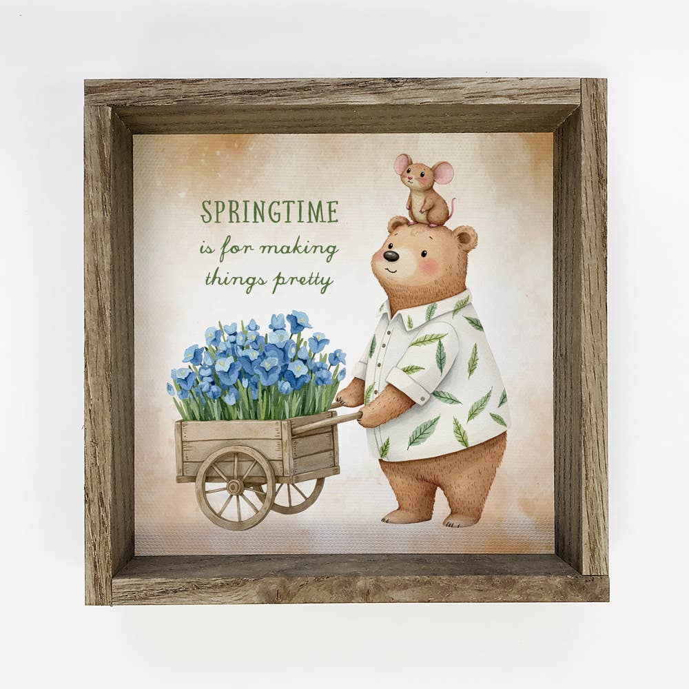 Springtime Bear Wheelbarrow - Cute Bear Canvas Art - Framed