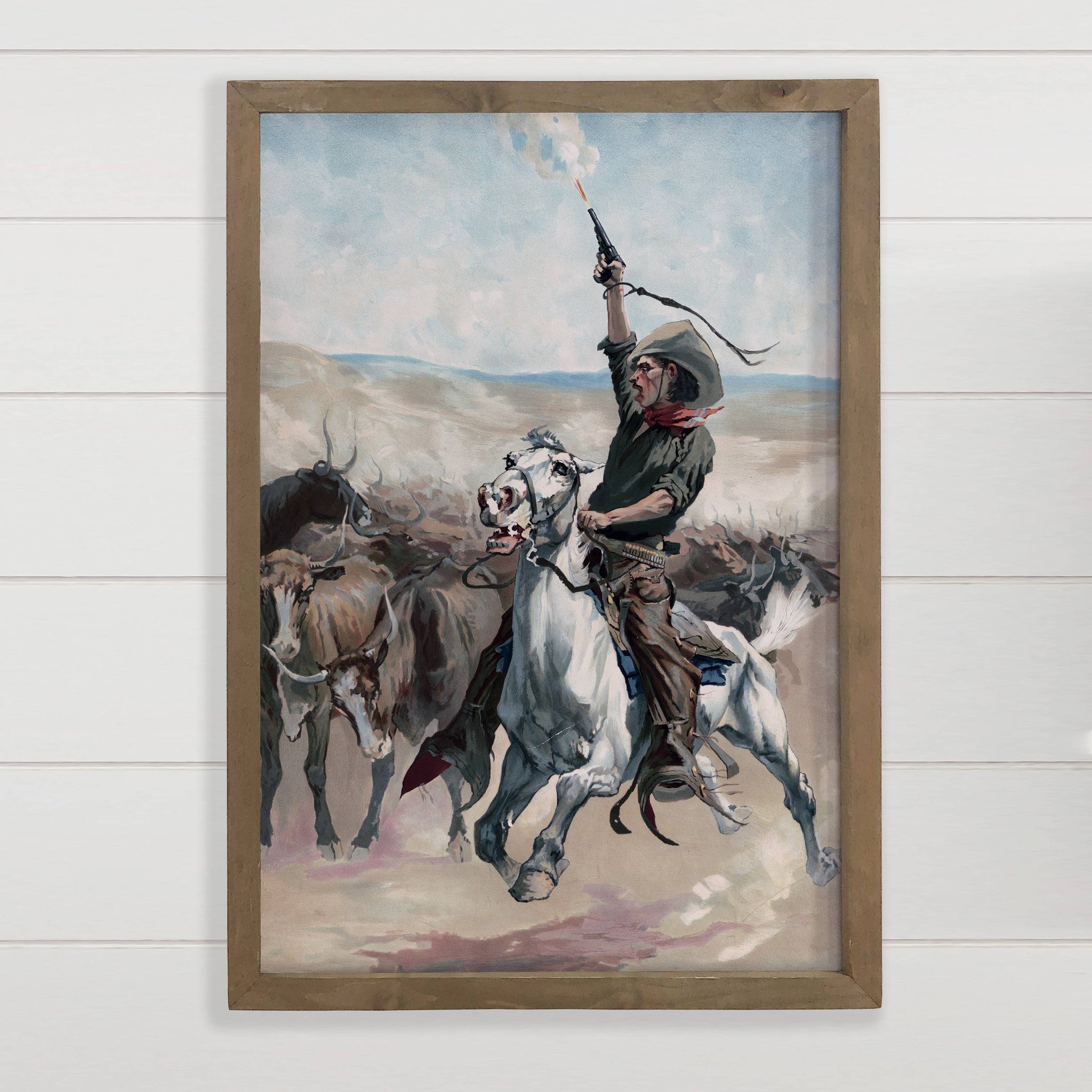 Cowboy Stampede - Cowboy Canvas Art - Wood Framed Wall Art