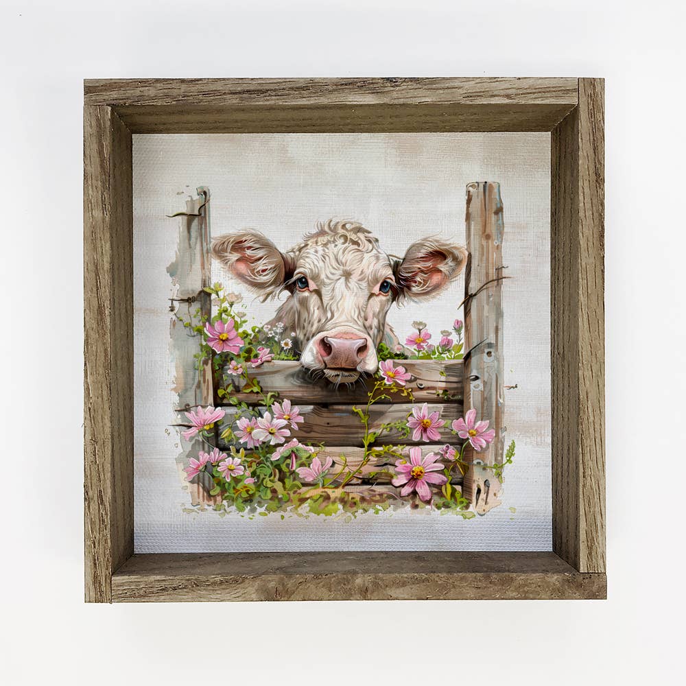 Cow Over Fence with Flowers - Cow Canvas Art - Wood Framed